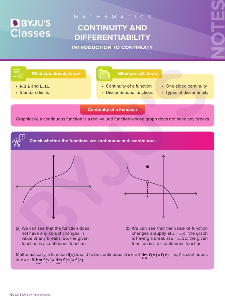 CBSE Class 12 Continuity and Differentiability Study Notes PDF | PDF ...