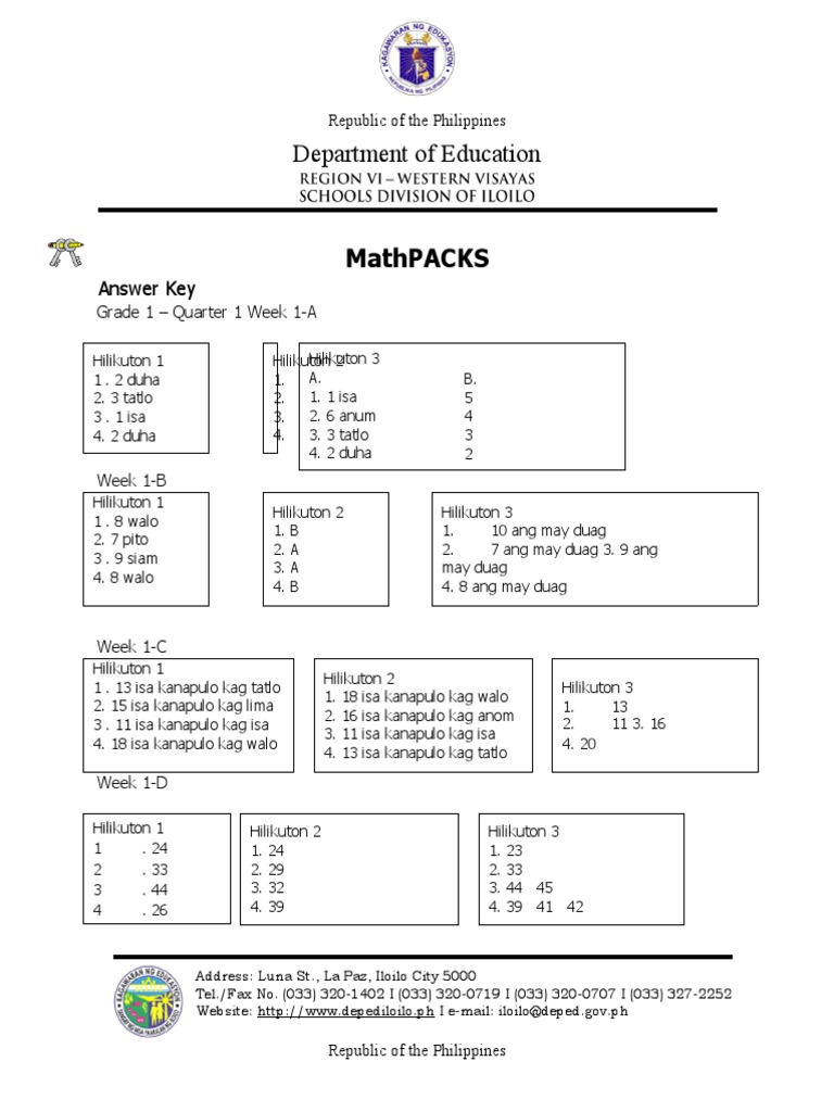 Grade 1 Math Answer Key Week 1 | PDF