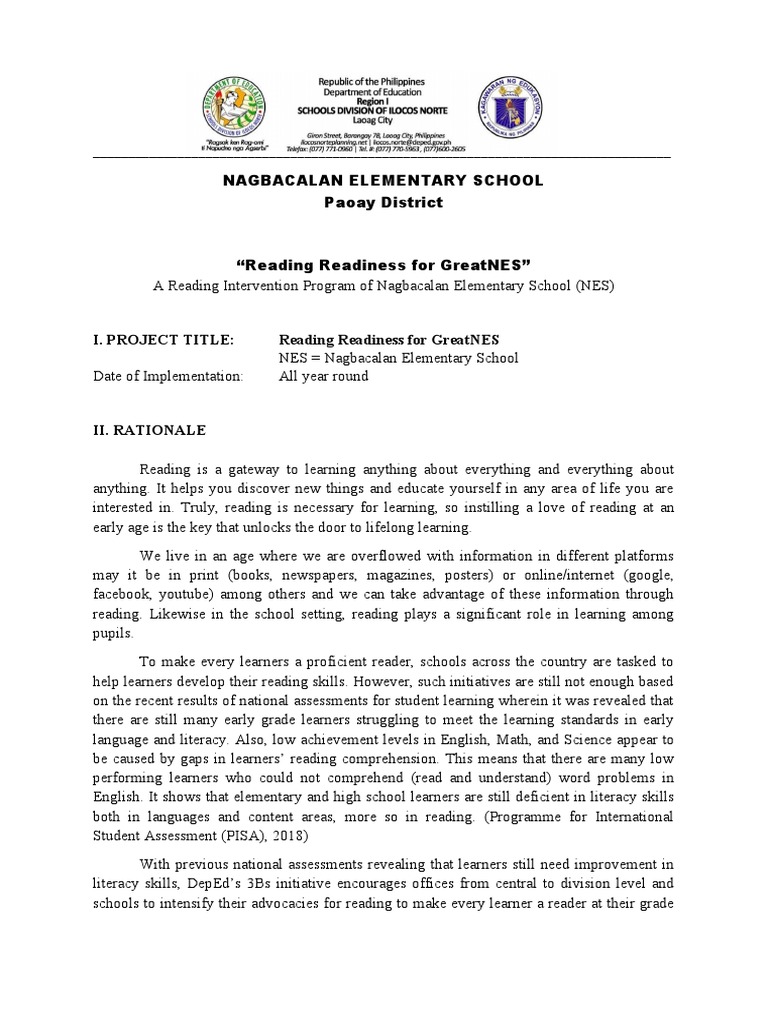 Nagbacalan Es Reading Intervention Program Pdf Reading