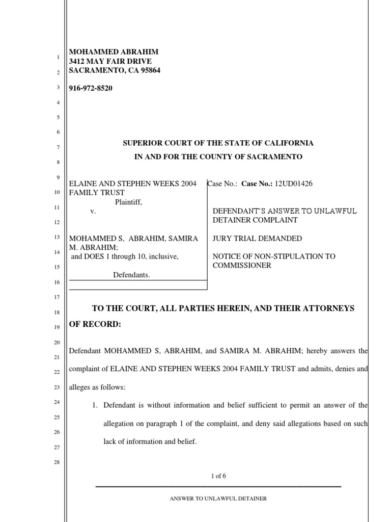 Defendant's Response to Unlawful Detainer | PDF | Affirmative Defense | Estoppel