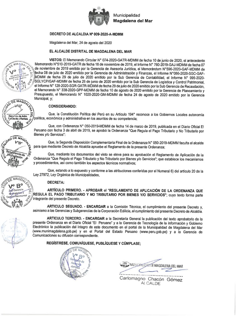 DECRETO ALCALDIA 009-2020 - APRUEBA REGLAMENTO ORDENANZA 050-2019 - PAGO TRIBUTARIO POR BIENES Y ...