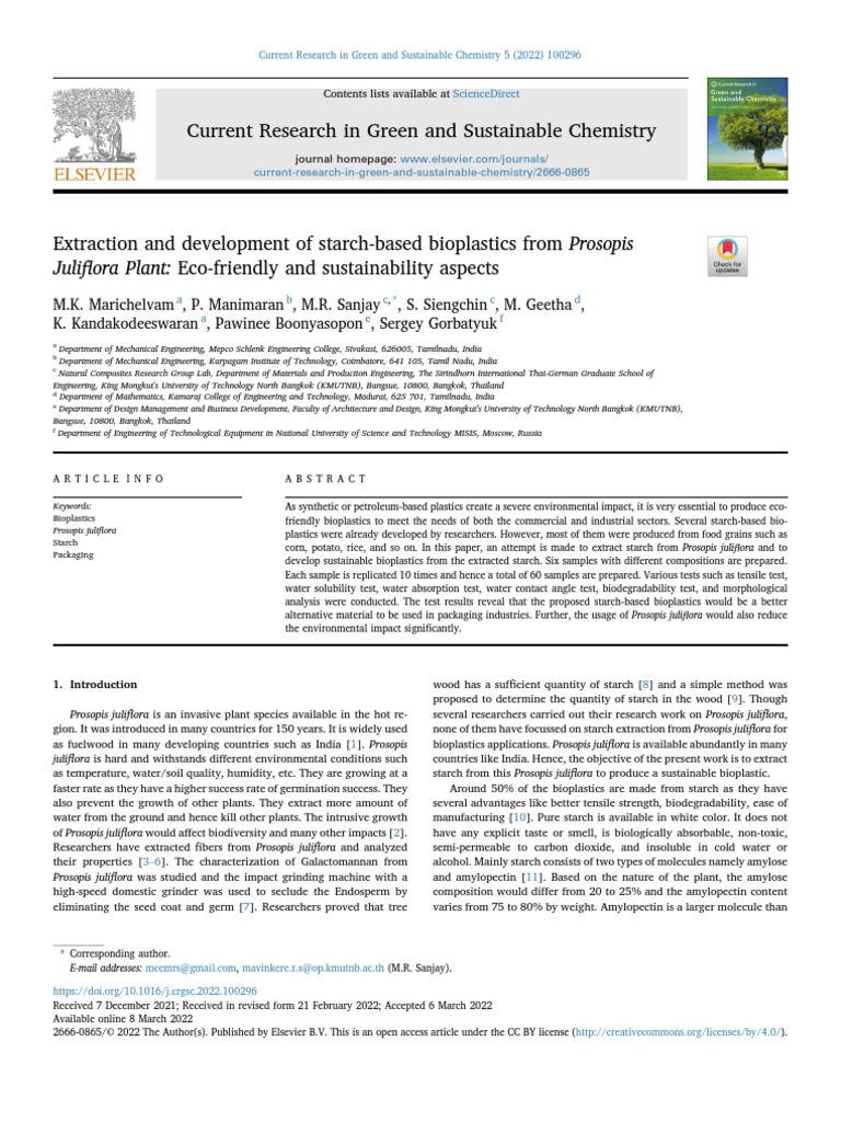 Extraction and Development of Starch-Based Bioplastics From Prosopis ...