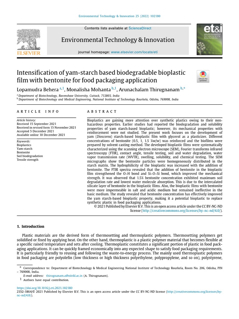 Intensification of Yam-Starch Based Biodegradable Bioplastic Film With Bentonite For Food ...