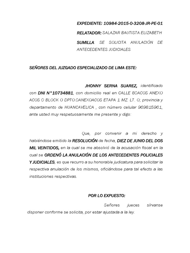Solicitud de Anulación de Antecedente Judicial de Jhonny Serna Suarez | PDF | Justicia | Crimen ...
