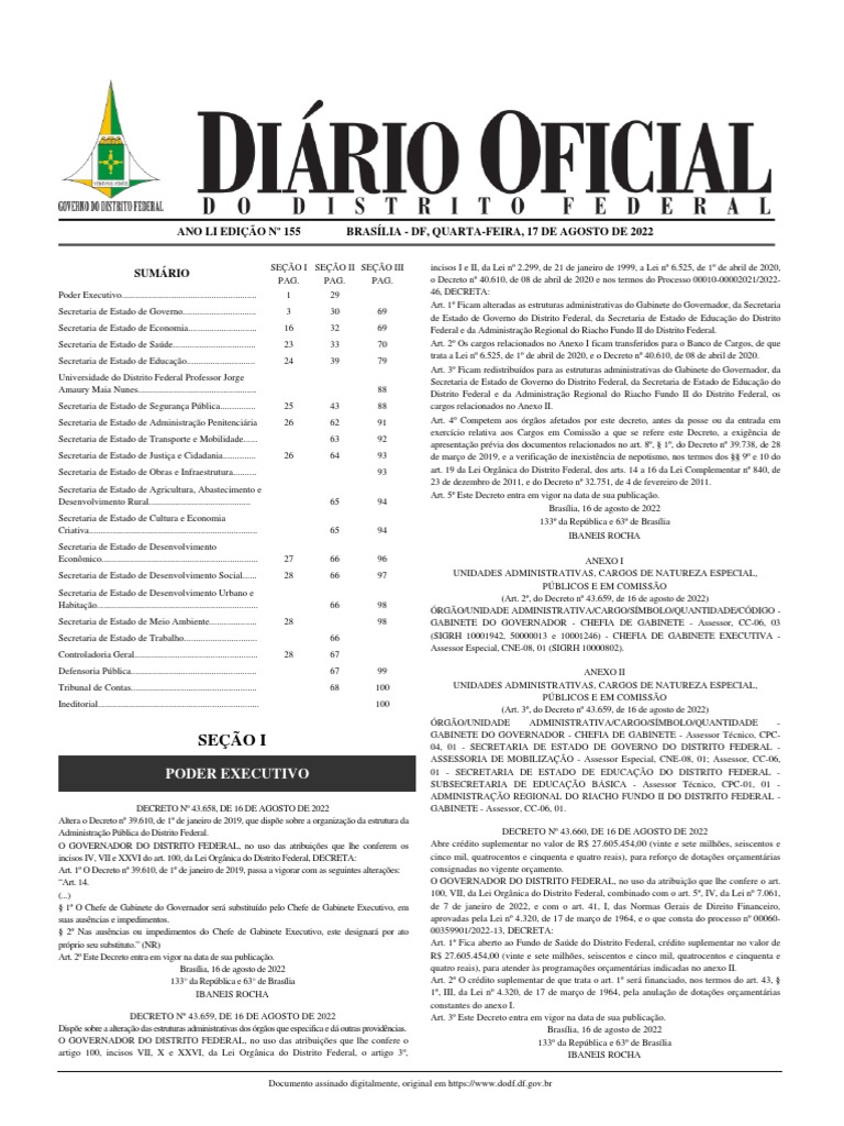 Dodf 155 17 08 2022 Integra 1 | PDF | Secretário de Estado | Orçamento