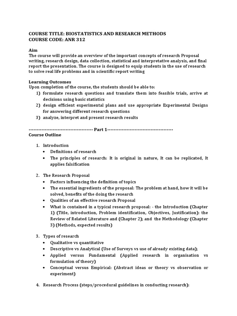 ANR 312 2021 Biostat and Research Course Outline | PDF | Statistics ...