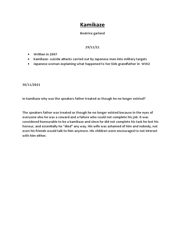 Kamikaze Poem Analysis: Honor and Shame | PDF | Mystery, Thriller ...