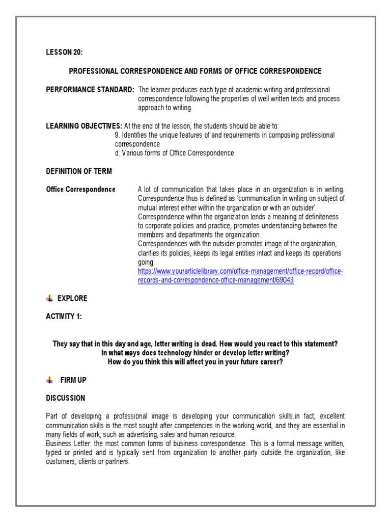 RW - Lesson 20 | PDF | Memorandum | Communication