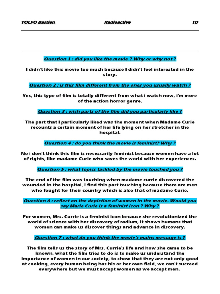 Devoirs Anglais Film RADIOACTIVE | PDF | Marie Curie