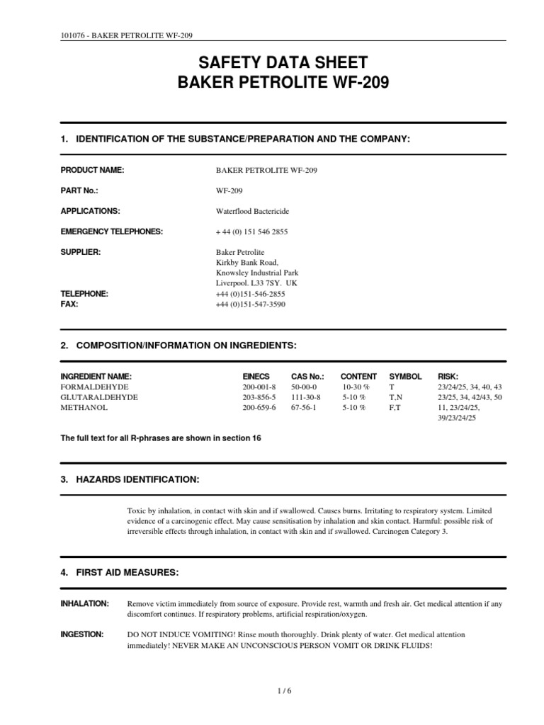BAKER PETROLITE WF-209 Safety Data Sheet | PDF | Toxicity | Personal ...