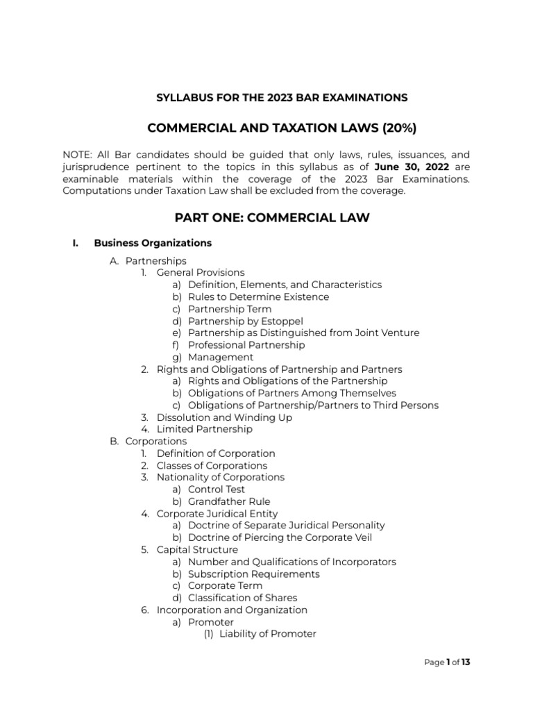 2023 Bar Exam: Commercial Law Syllabus | PDF | Partnership | Patent