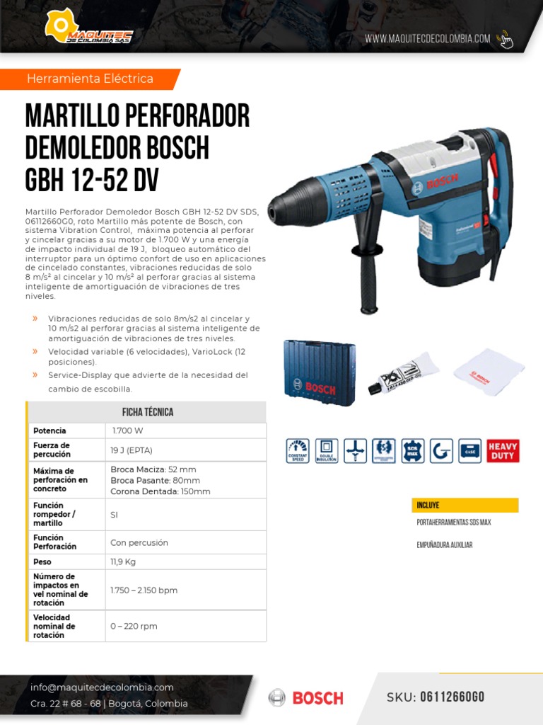Ficha Tecnica Martillo Perforador Demoledor Bosh gbh12 52dv Maquitec de Colombia | PDF