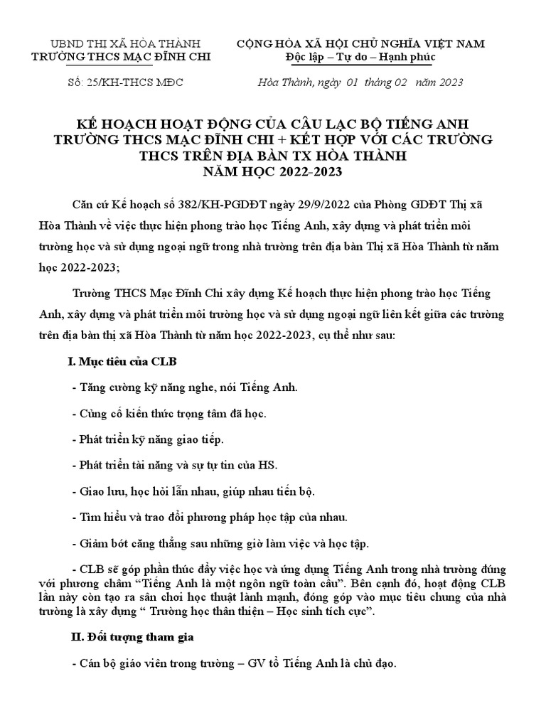 KH CLB Ta - MĐC 22-23 | PDF