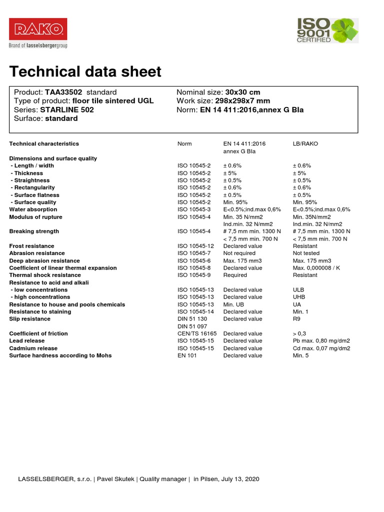 Technical Data for STARLINE 502 Tiles | PDF | Secondary Sector Of The ...