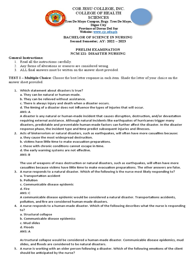 Cor Jesu College Preliminary Exam on Disaster Nursing | PDF | Natural ...