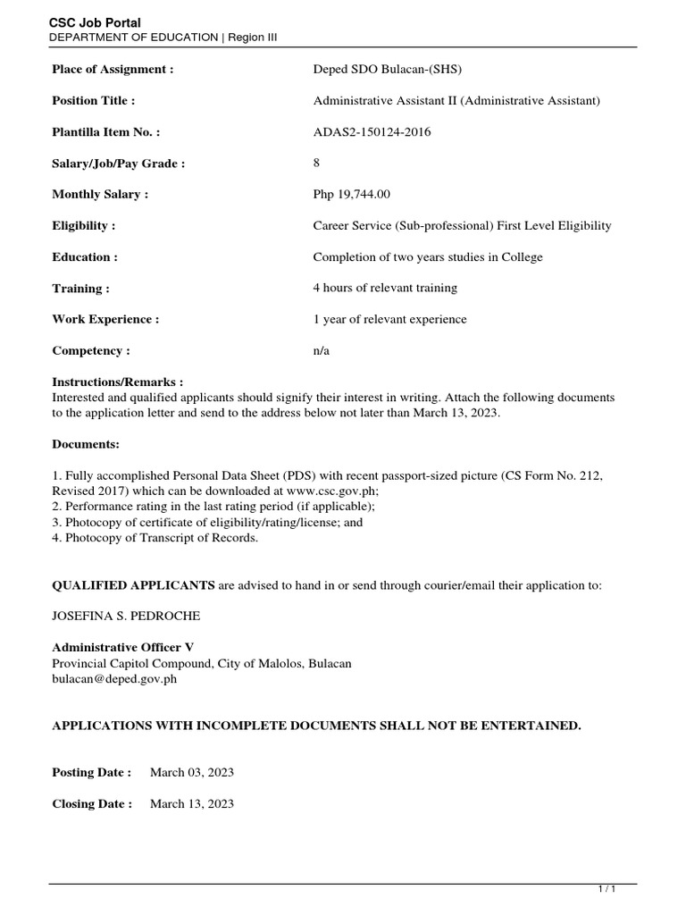 DEPARTMENT OF EDUCATION-Administrative Assistant II Administrative ...