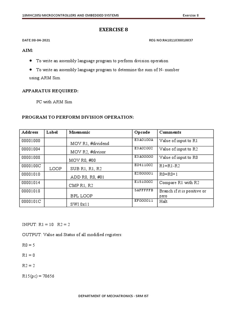 ARM Assembly: Division & Sum Programs | PDF | Assembly Language | Central Processing Unit