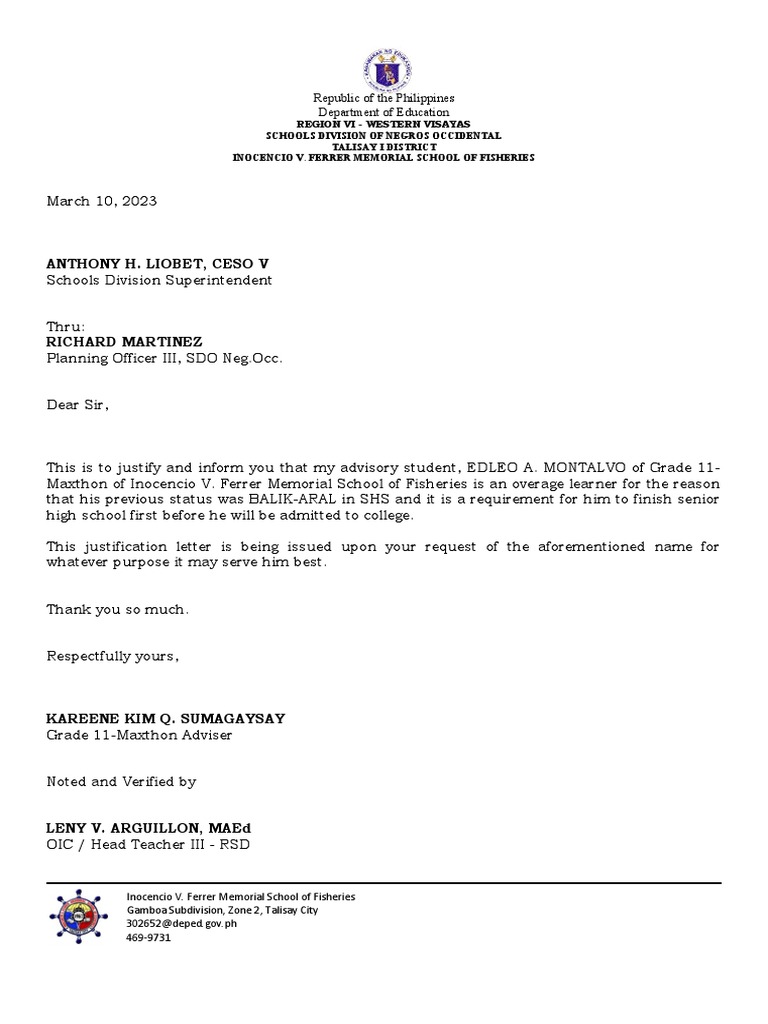 Letter of Justification For Overage and Underage | PDF