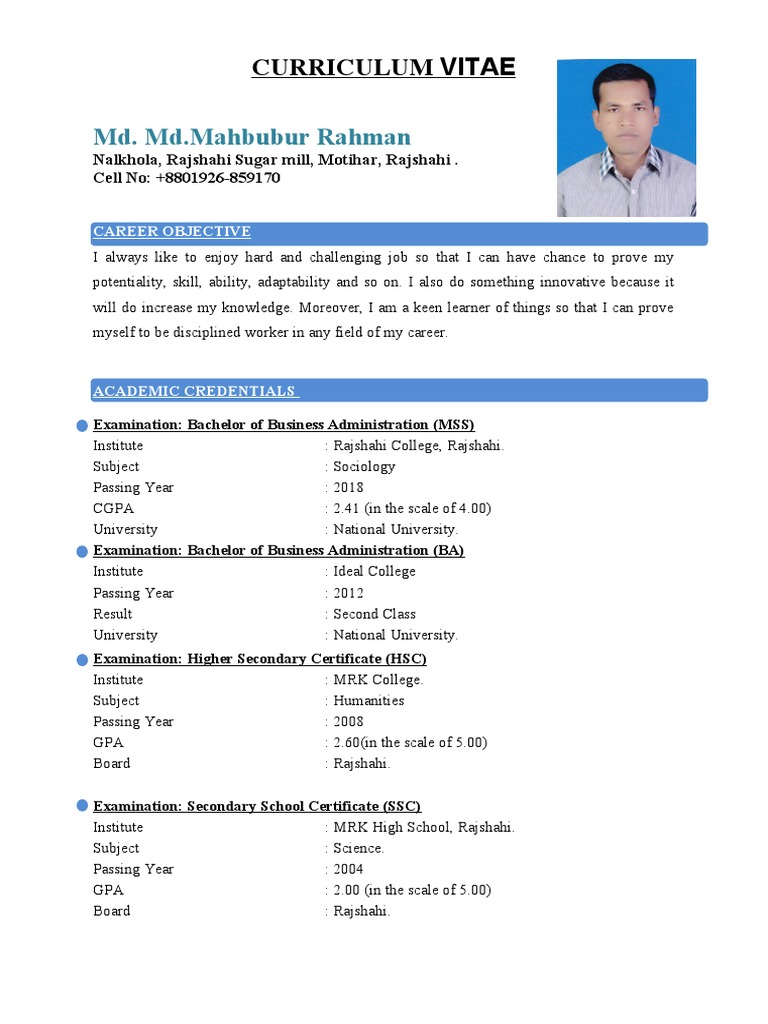 Md. MD - Mahbubur Rahman: Curriculum Vitae | PDF | Bangladesh | Cognition