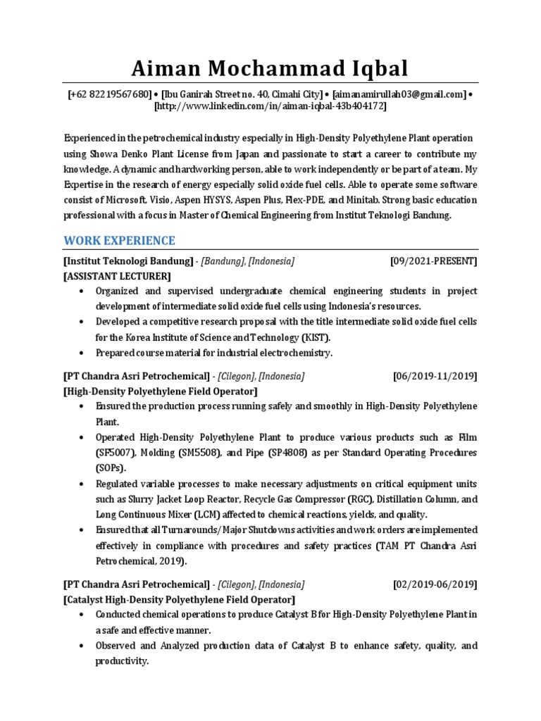 Resume-Aiman Mochammad Iqbal - 2 | PDF | Heat Exchanger | Chemical ...