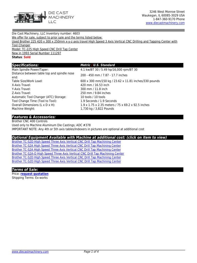Brother 225 High Speed 3 Axis Vertical CNC Drill Tap Center DCM 4603 PDF | PDF | Numerical ...