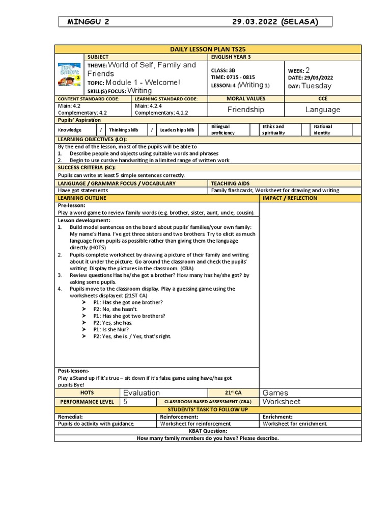 World of Self, Family and Friends Module 1 - Welcome! Writing Writing 2 Tuesday Friendship ...