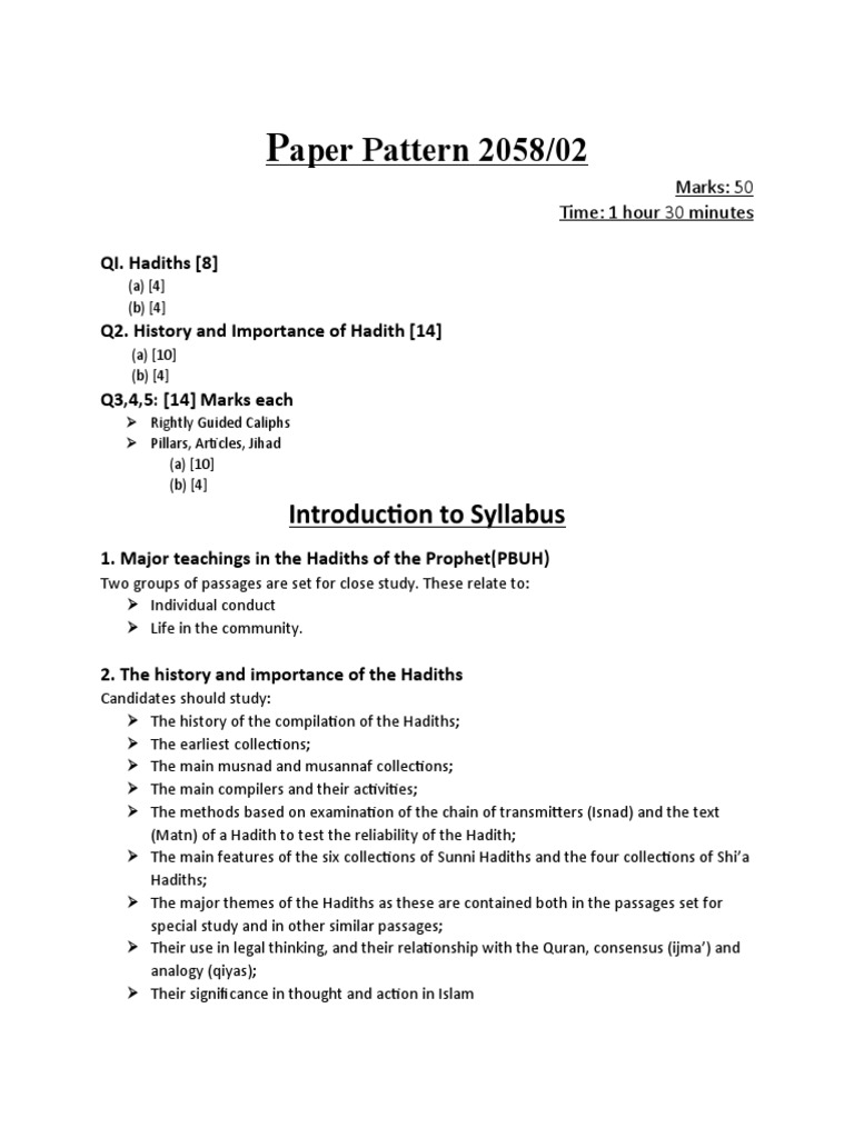 Hadiths Islamiyat Paper 2 O Levels 2058 | PDF | Hadith | Muhammad
