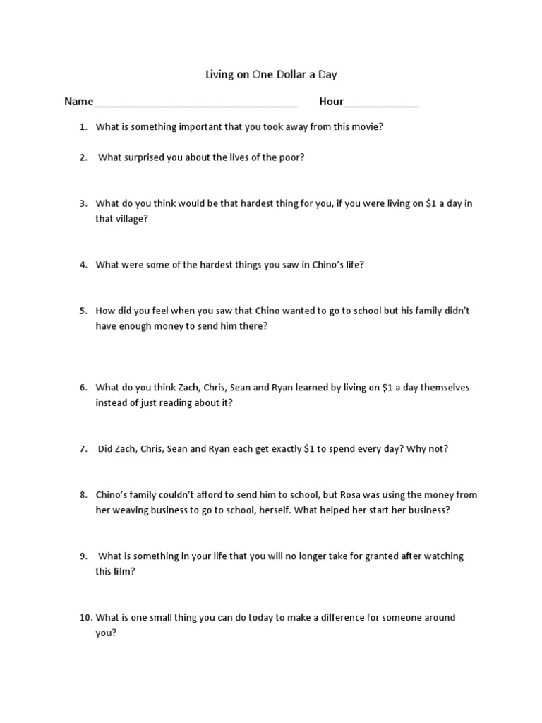 Living On One Dollar A Day Video Worksheet | PDF