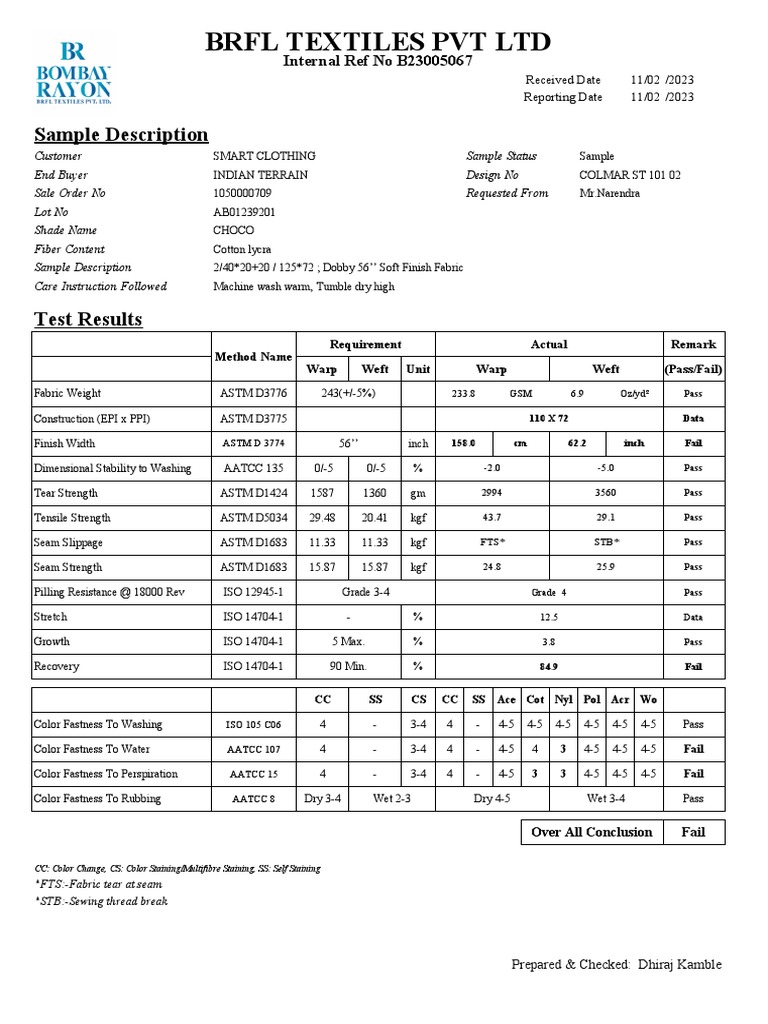 BRFL Textiles PVT LTD: Sample Description | PDF | Textiles | Textile Arts