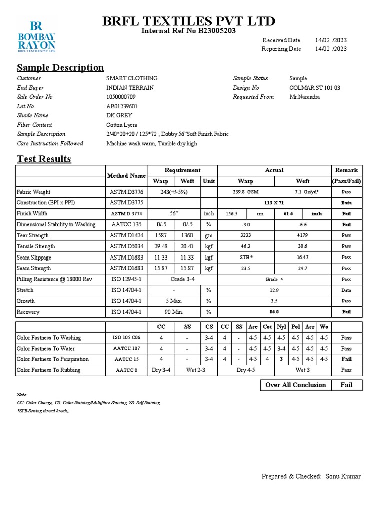 BRFL Textiles PVT LTD: Sample Description | PDF | Textiles | Textile Arts