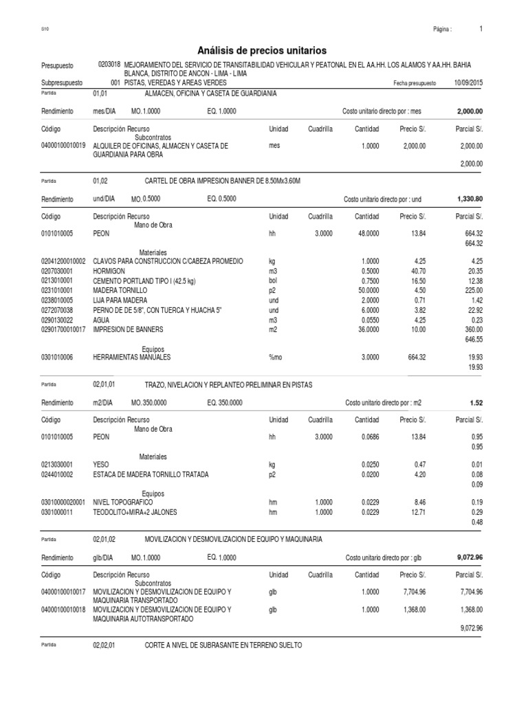 Analisis de Costos Unitarios PDF | PDF | Albañilería | Construyendo tecnología