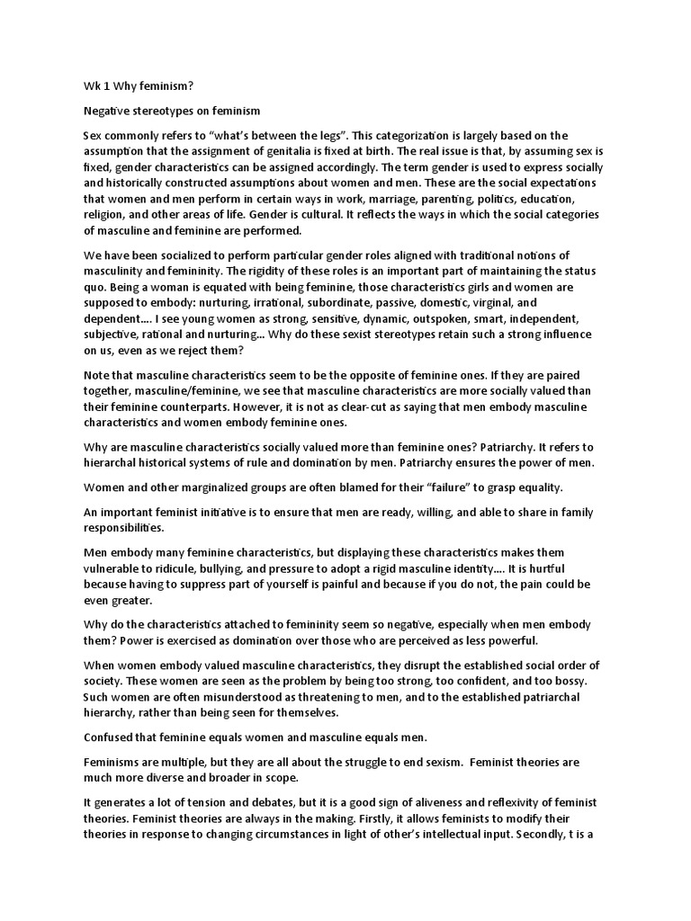 WK 1 Why Feminism | PDF | Gender Studies | Feminism WK 1 Why Feminism | PDF | Gender Studies | Feminism