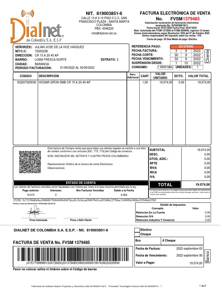 NIT. 819003851-6 No. FVSM: Factura Electrónica de Venta | PDF