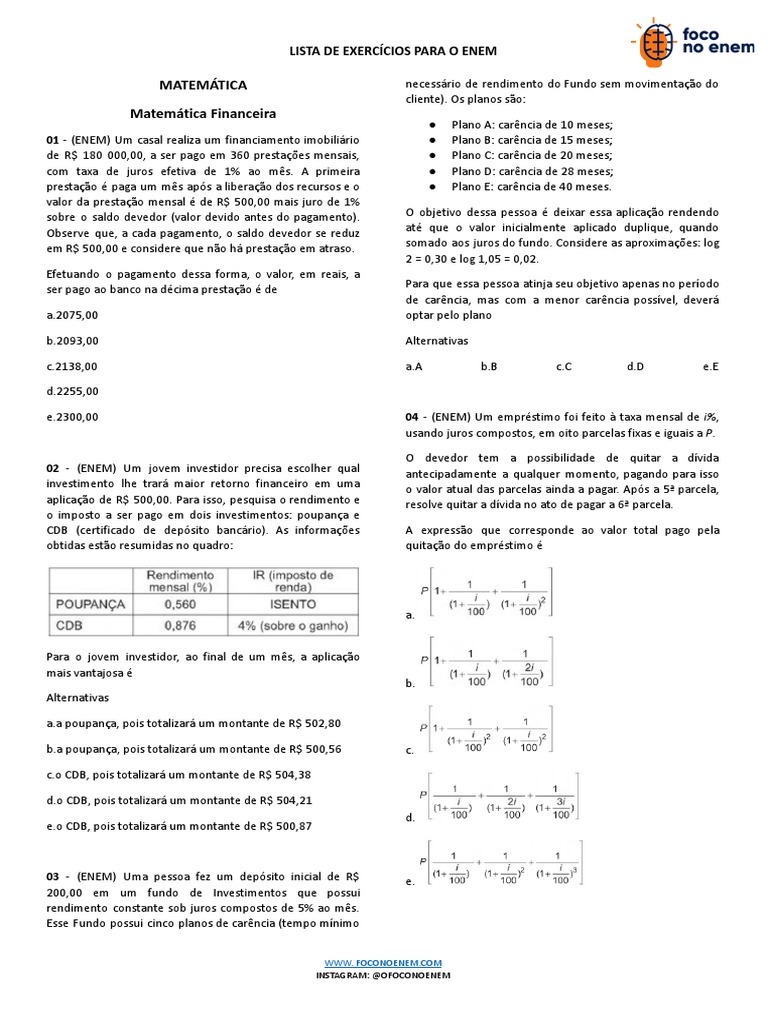 Matematica Financeira Lista de Exercicios Matematica ENEM | PDF | Juros | Comprovante de depósito