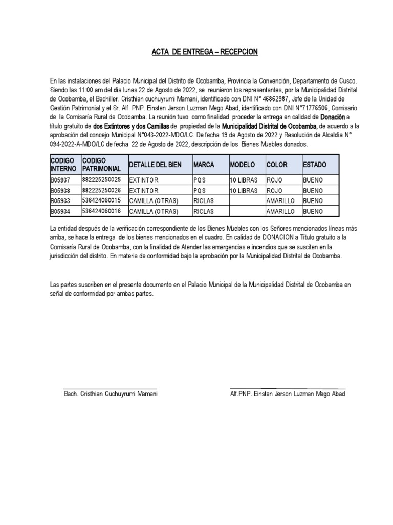 Acta de Entrega-Recepcion | PDF