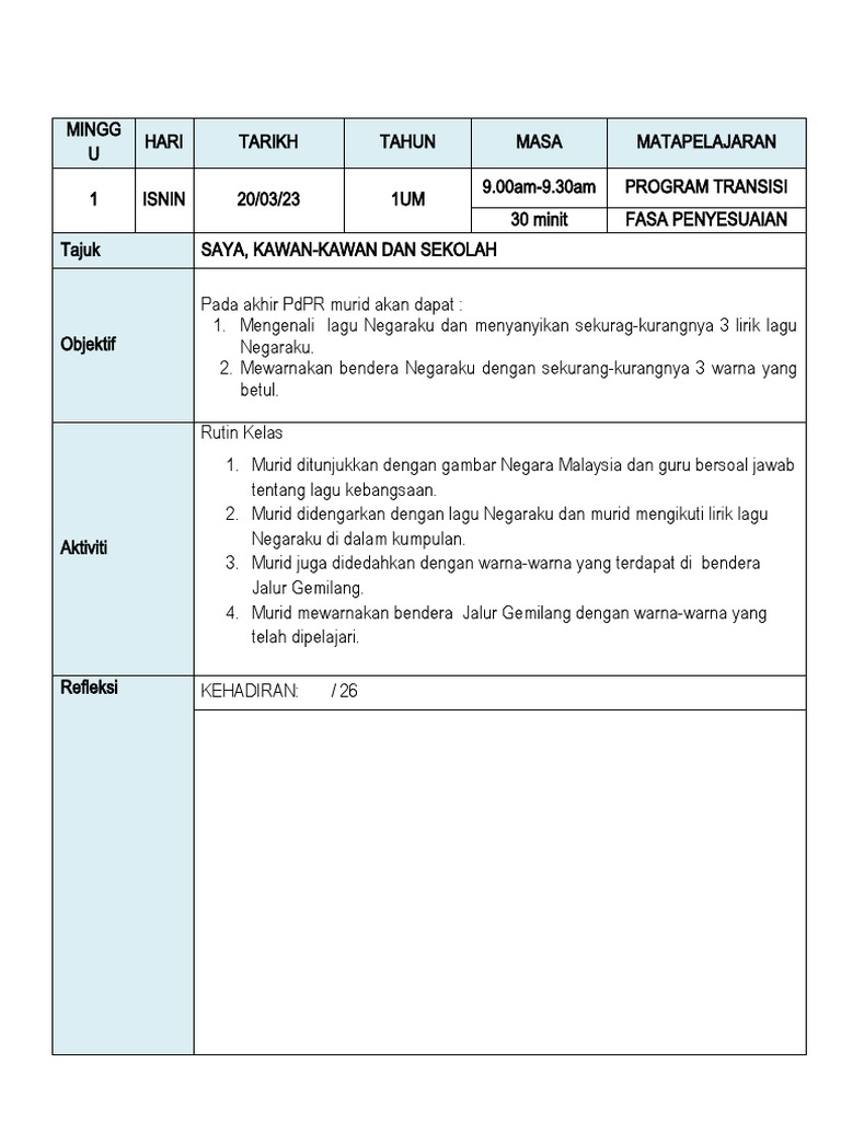 RPH - TRANSISI - FASA - PENYESUAIAN (1) Hari Ahad | PDF