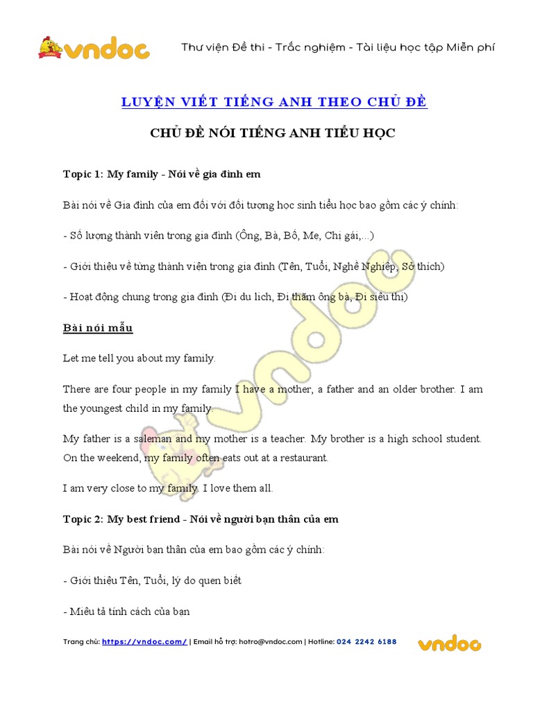 Top Chu de Noi Tieng Anh Tieu Hoc | PDF