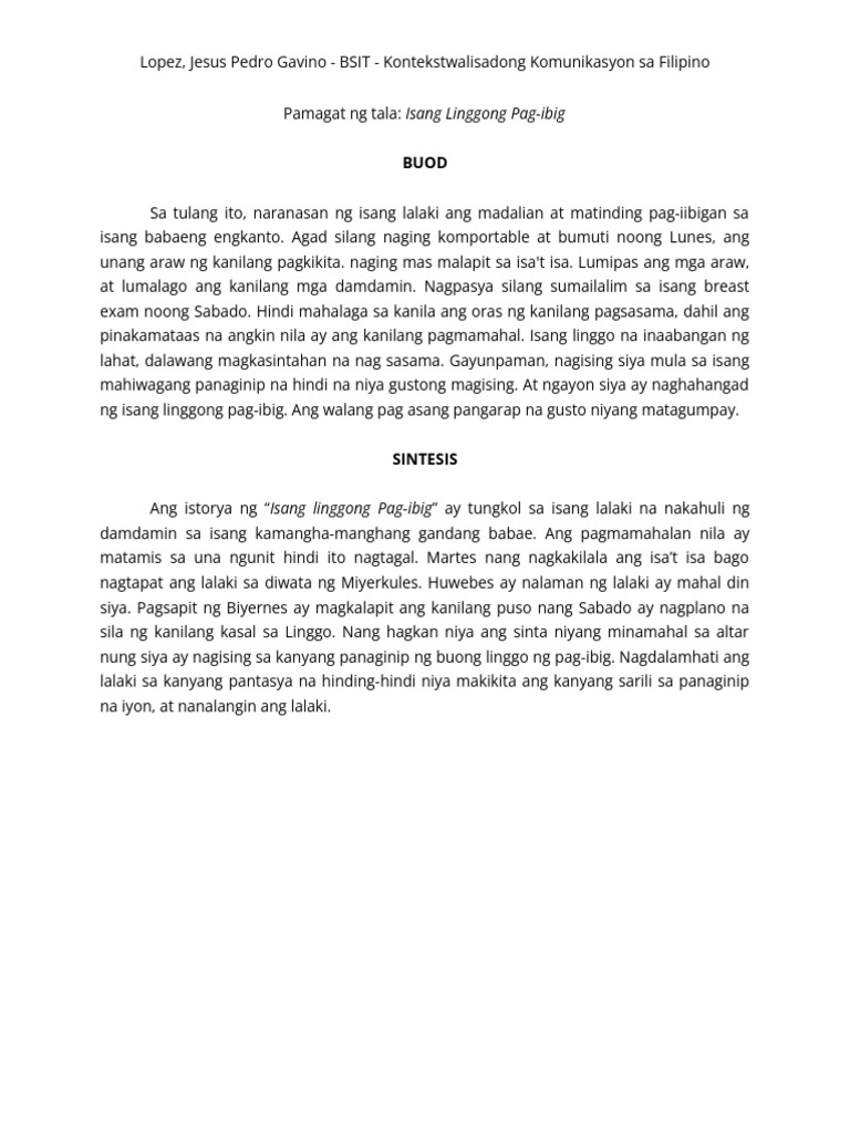 Pamagat NG Tala Isang Linggong Pag-Ibig (Buod at Sintesis) | PDF