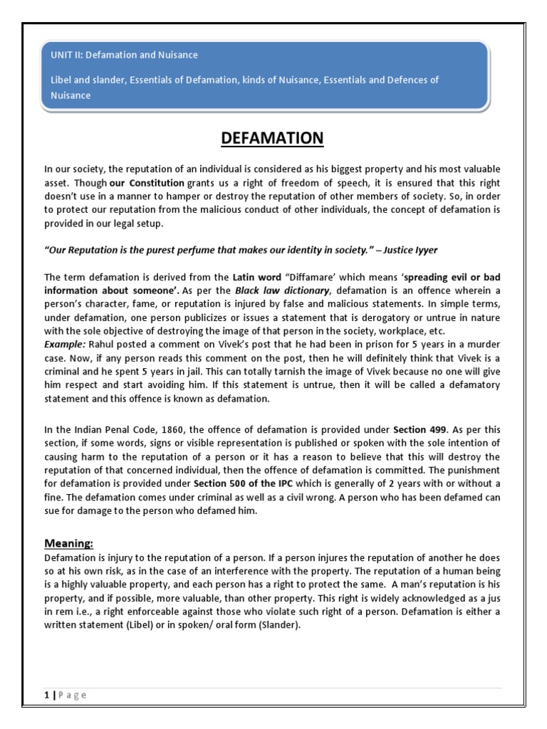 Law Of Torts Unit 2 Pdf Defamation Nuisance