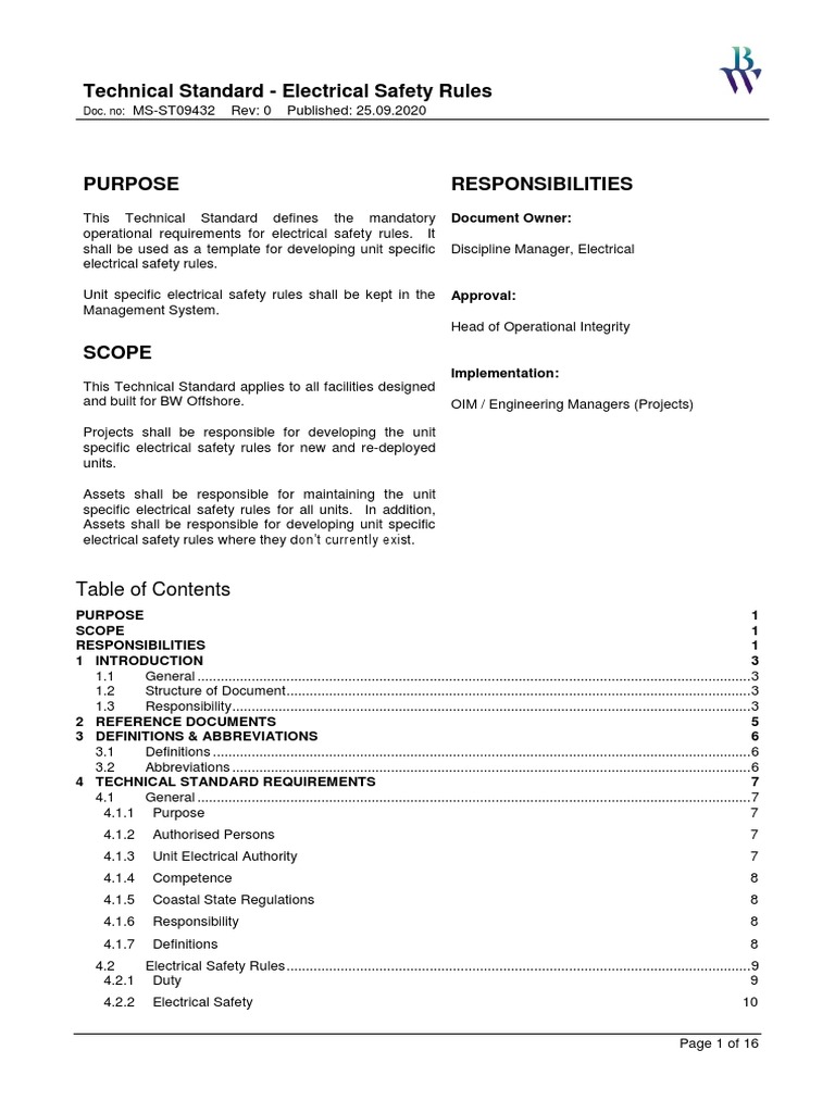MS-ST09432 Technical Standard - Electrical Safety Rules | PDF ...