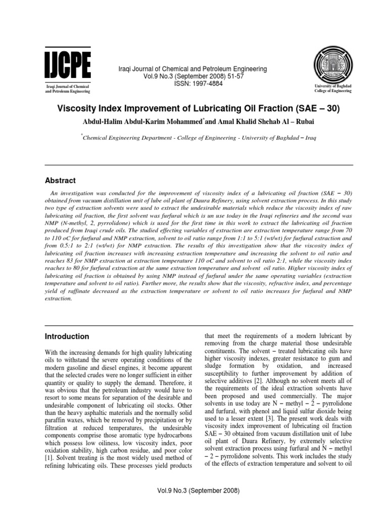 Viscosity Index Improvement of Lubricating Oil Fraction (SAE - 30 ...