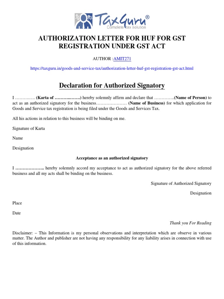 Authorization Letter For Huf For GST Registration Under GST Act | PDF