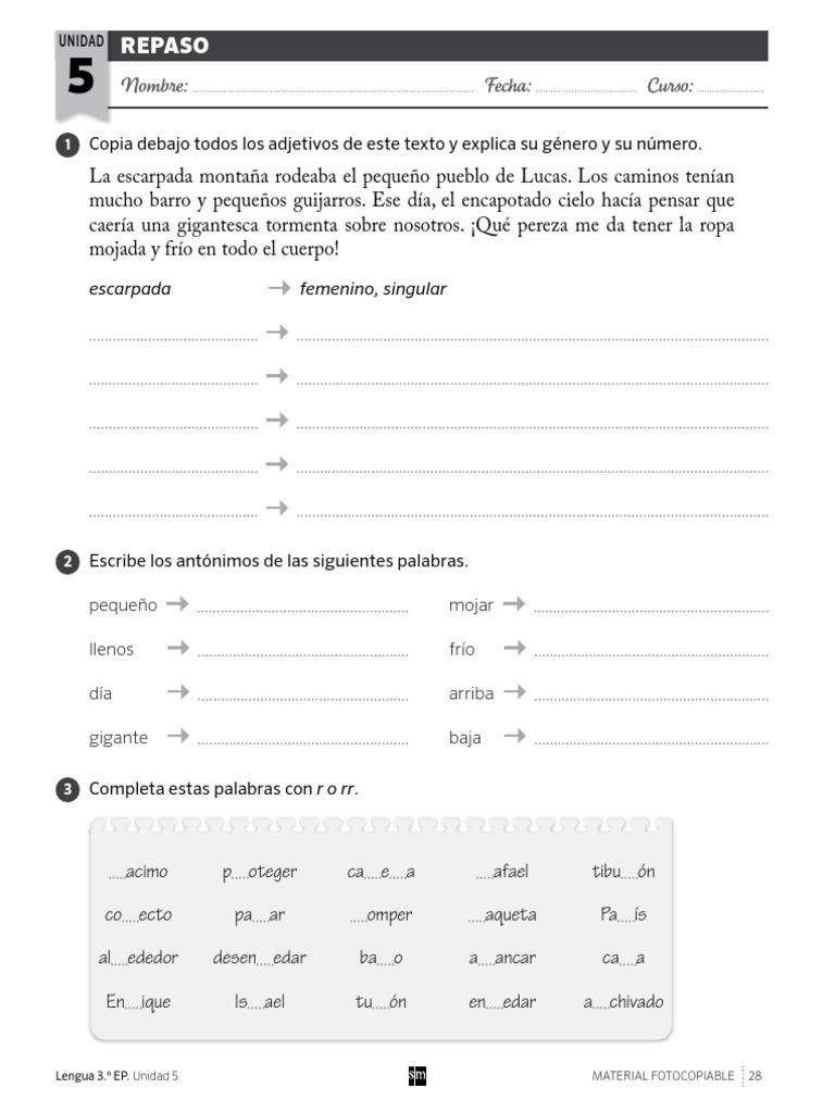 Repaso de Lengua 3.º EP: Unidad 5 | PDF | Adjetivo | Gramática