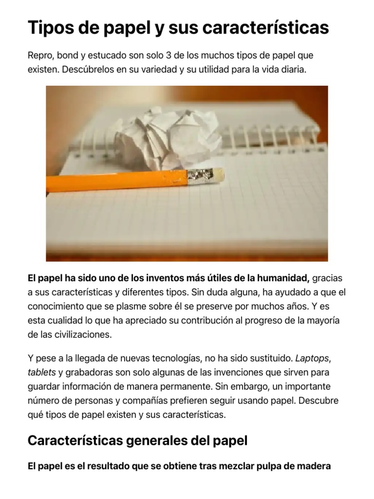 Tipos de Papel y Sus Características - Mejor Con Salud | PDF | Papel | Cartón