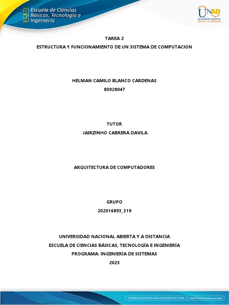 Tarea 2 - Arquitectura - Camilo - Blanco | PDF | Microprocesador | Unidad Central de procesamiento