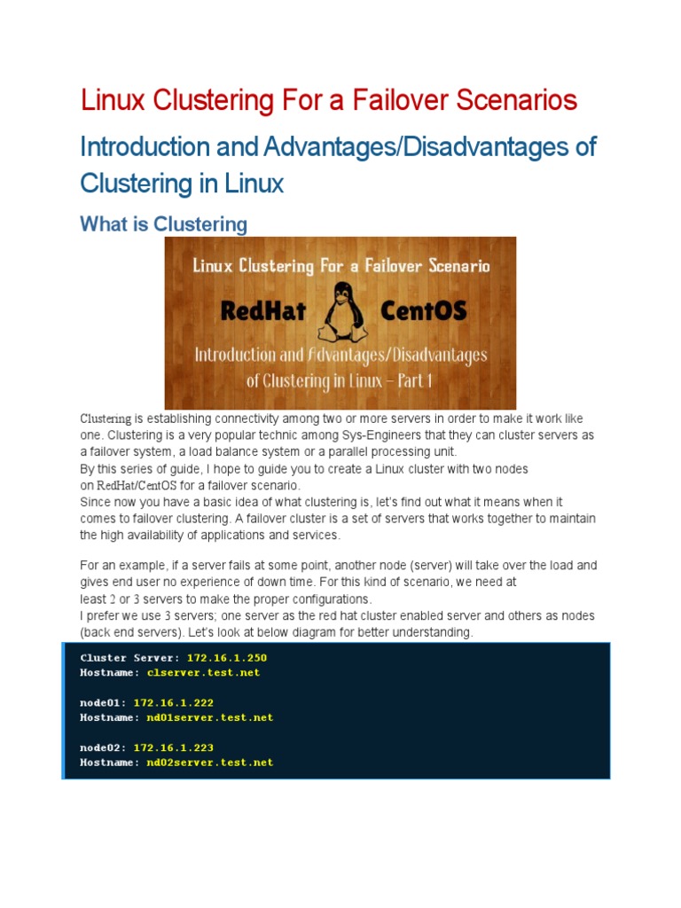 A Guide To Configuring Linux Clustering For Failover Scenarios Pdf Computer Cluster Load