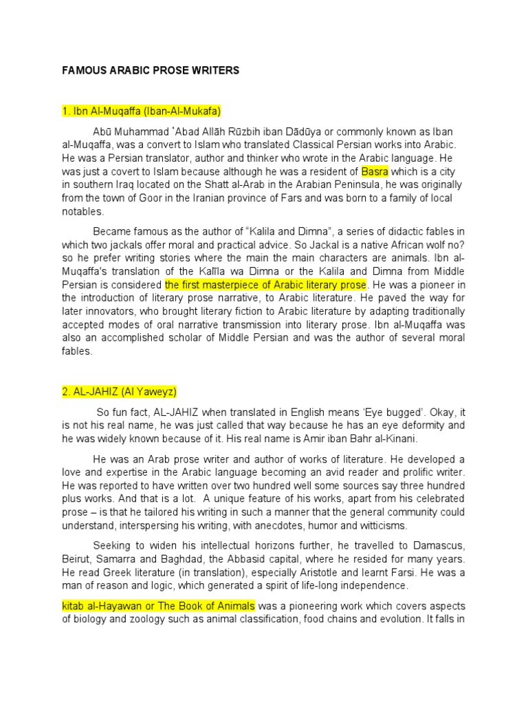 Famous Arabic Prose Writers | PDF | Classics