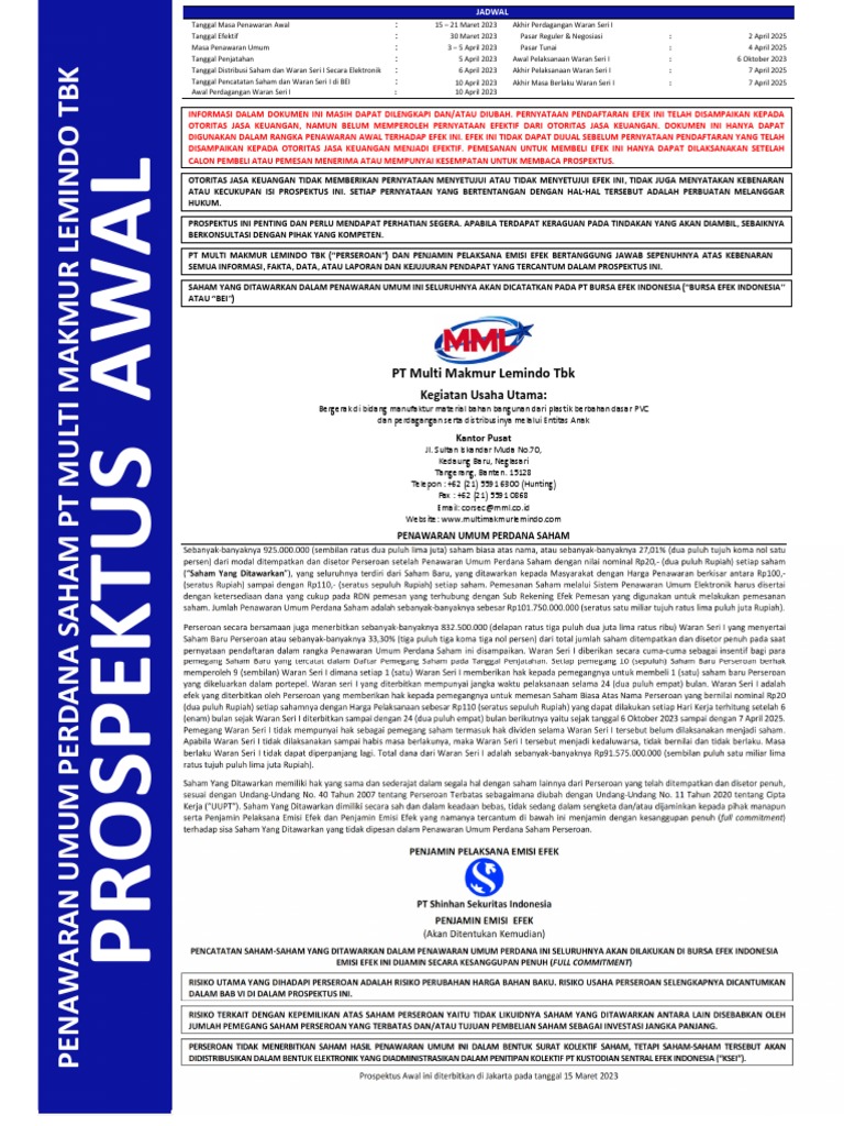 I - Prospektus Awal - PT Multi Makmur Lemindo | PDF