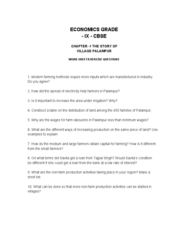 CBSE Class IX Economics Worksheet | PDF