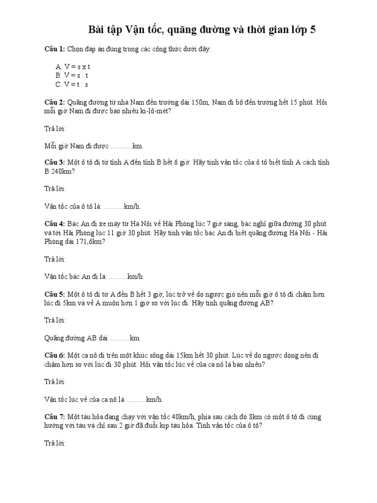 Bai Tap Van Toc Quang Duong Lop 5 PDF | PDF